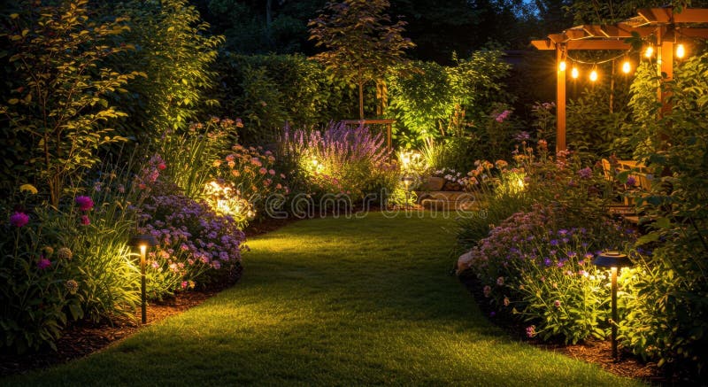 Illuminated Garden at Night with Flowers and Pergola Stock Photo ...