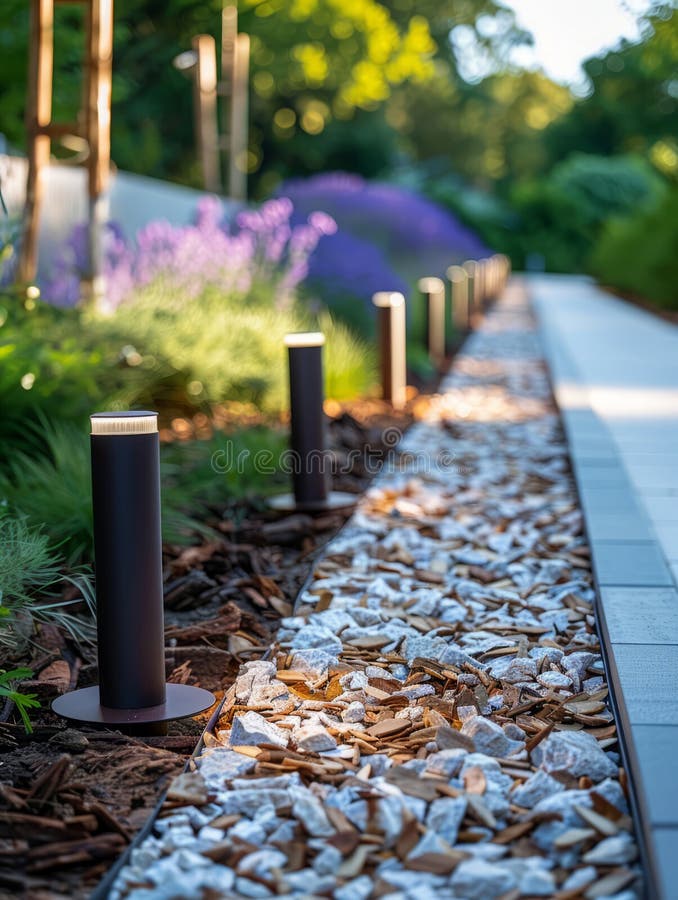 Illuminated Garden Path with Decorative Lights and Greenery. Stock ...