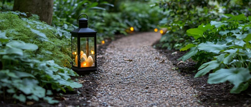 Illuminated Garden Path Lantern Romantic Night Scene Dark Mood Eggs ...