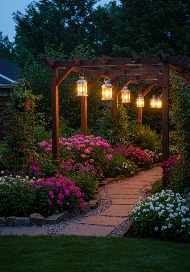 Illuminated Garden Path with Lanterns at Night Stock Illustration ...