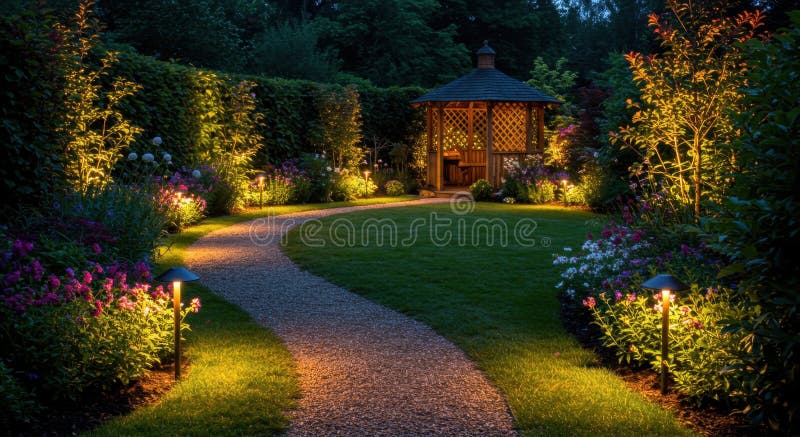 Illuminated Garden Path Leading To Gazebo at Night Stock Photo - Image ...