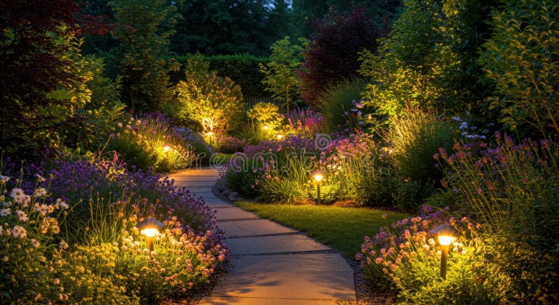 Illuminated Garden Path at Night Stock Photo - Image of plants, design ...