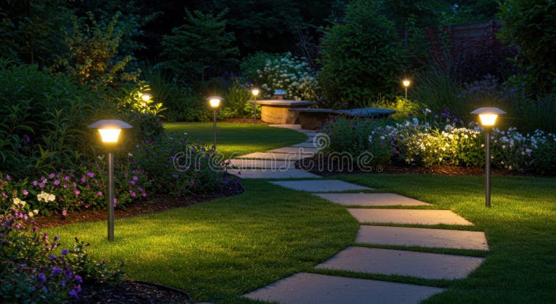Illuminated Garden Path at Night Stock Photo - Image of beauty, design ...