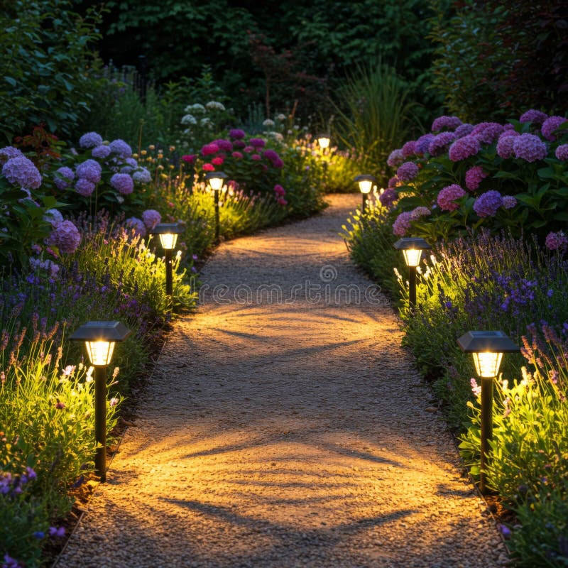 Illuminated Garden Path at Night Stock Illustration - Illustration of ...