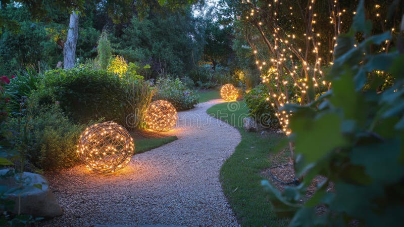 Illuminated Garden Path at Night Stock Illustration - Illustration of ...