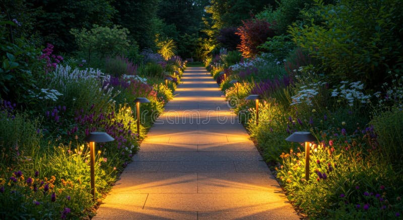 Illuminated Garden Path at Night Stock Illustration - Illustration of ...