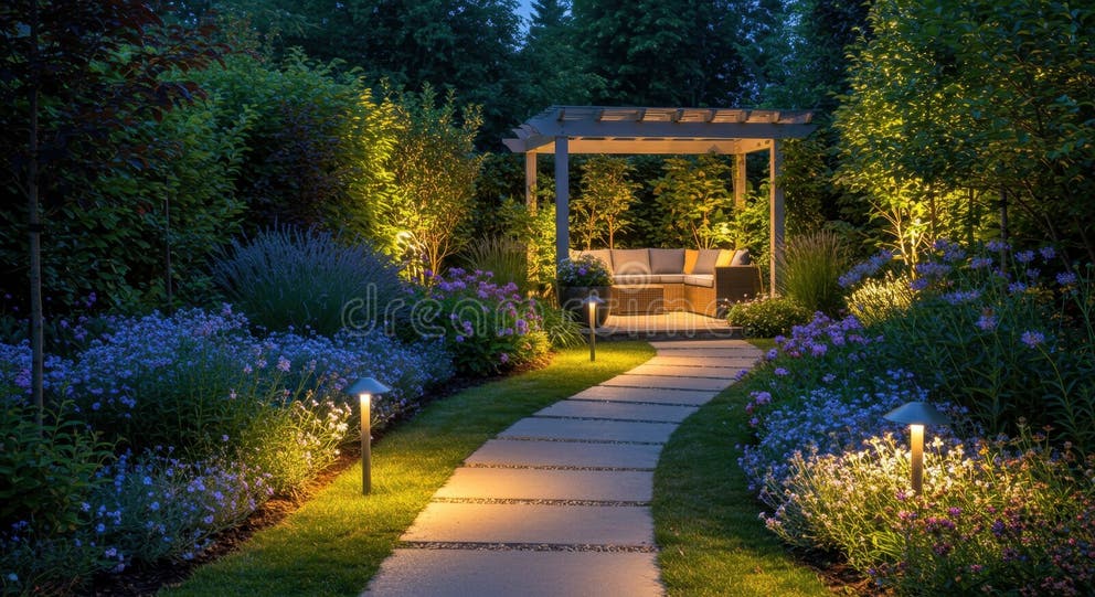 Illuminated Garden Path at Night with Pergola Stock Photo - Image of ...