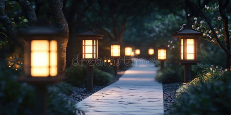 Illuminated Garden Path Nighttime Landscape with Lanterns Stock ...
