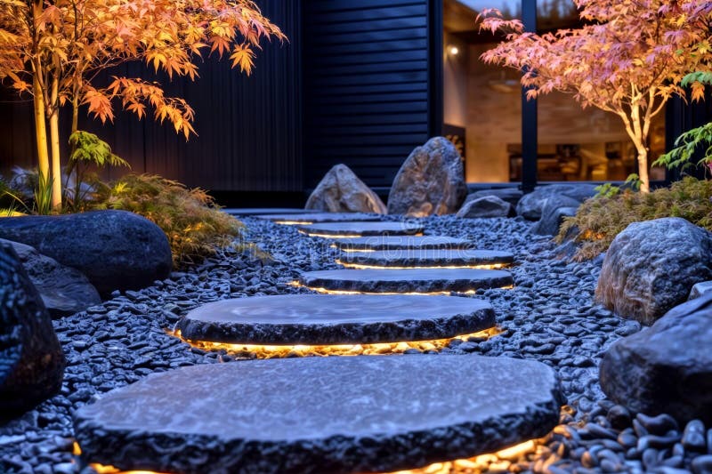 Illuminated Garden Pathway Framed by Maple Trees, Generative Ai Stock ...