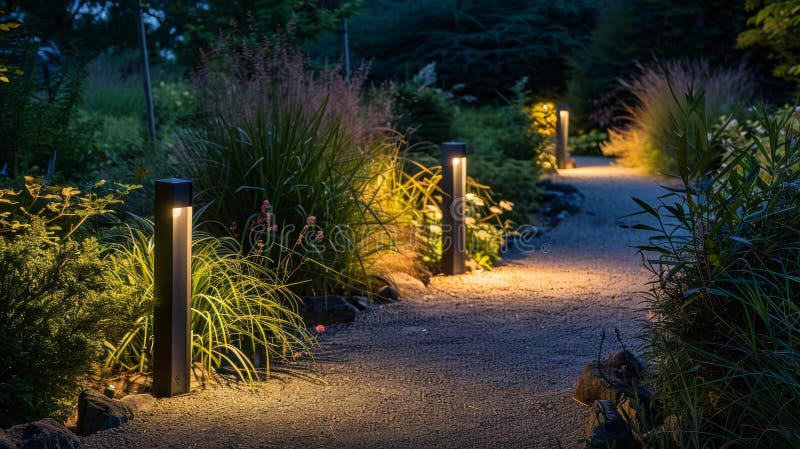 Illuminated Garden Pathway at Dusk with Modern Lighting Stock Photo ...