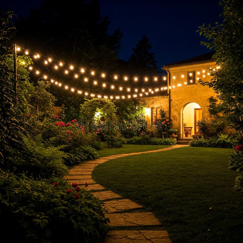 Illuminated Garden Pathway Night Serene (Generated with AI) Stock Photo ...