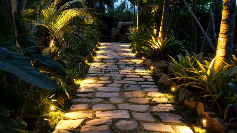 Illuminated Garden Pathway at Night Stock Illustration - Illustration ...
