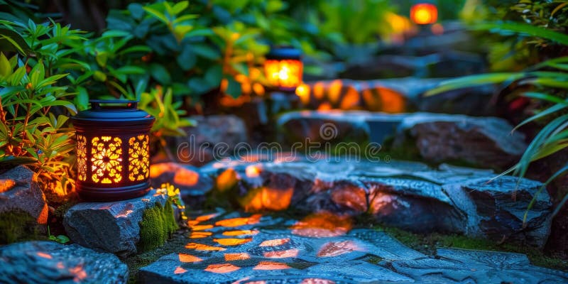 Illuminated Garden with Rocks and Lanterns Stock Image - Image of yard ...
