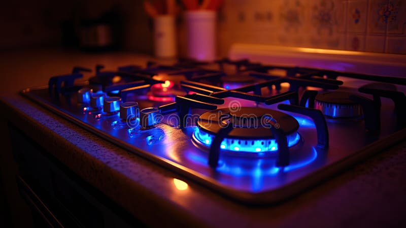 Illuminated Gas Stovetop at Night in a Kitchen Stock Illustration ...