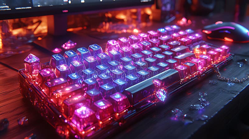 Illuminated Gem Keyboard, Gaming Setup, Desk, Night Stock Illustration ...