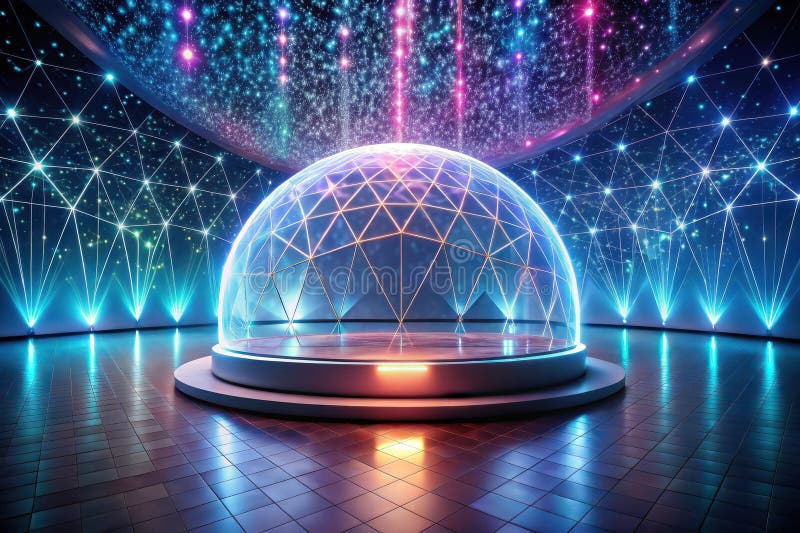 Illuminated Geodesic Dome Stage with Neon Lights and a Starry Ceiling ...