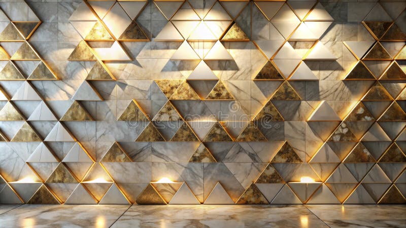 Illuminated Geometric Wall Paneling with Gold and White Marble ...