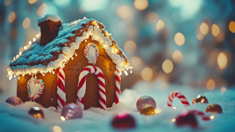 Illuminated Gingerbread House in Snowy Scene Stock Illustration ...