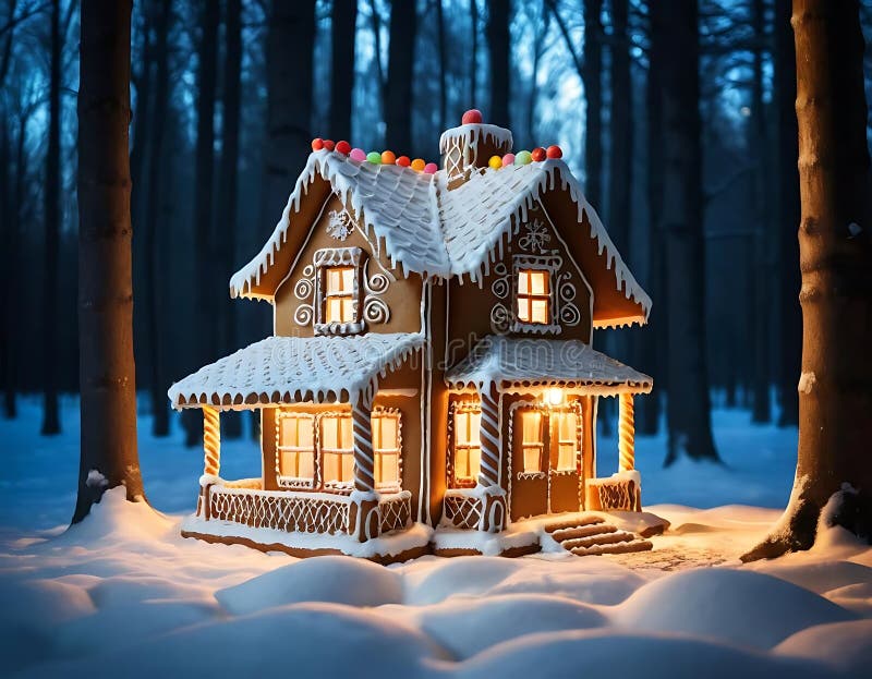 Illuminated Gingerbread House in a Snowy Winter Forest at Night Stock ...