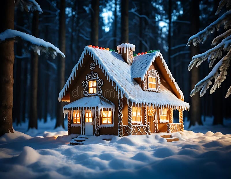 Illuminated Gingerbread House in a Snowy Winter Forest at Night Stock ...