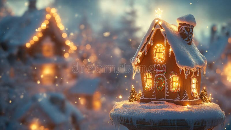 Illuminated Gingerbread House Winter Wonderland Scene Stock ...