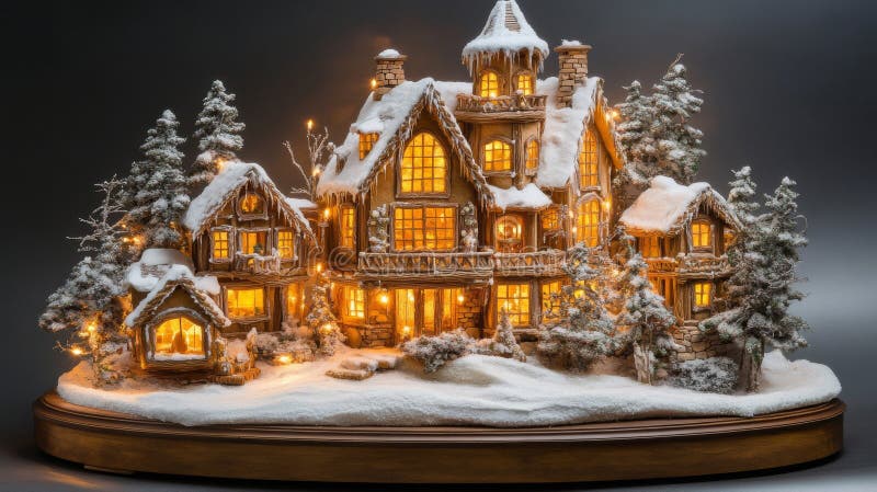 Illuminated Gingerbread Mansion Winter Wonderland Scene Stock ...