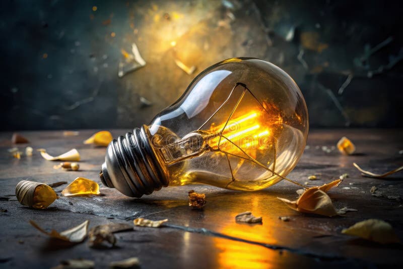 Illuminated Glass Bulb Resting on Dark Surface with Dried Petals ...