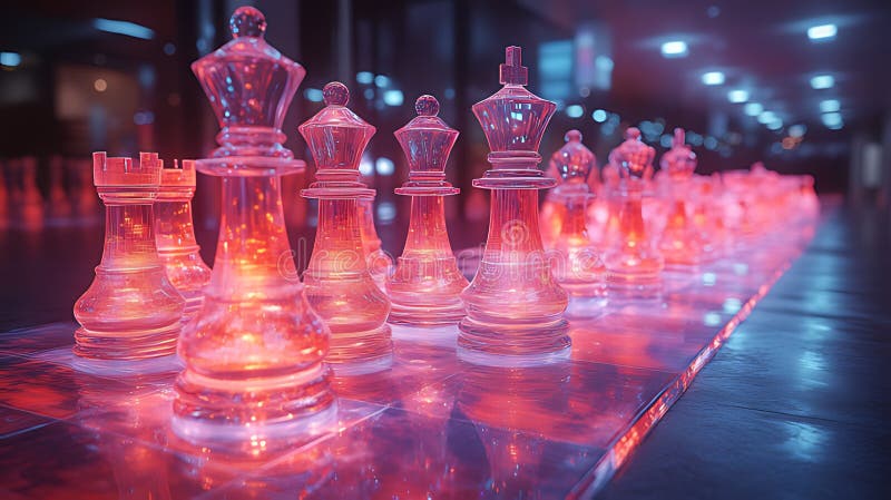 Illuminated Glass Chess Pieces on a Table, City Night Background ...