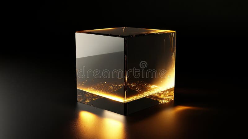 Illuminated Glass Cube with Golden Glow on Black Background for ...