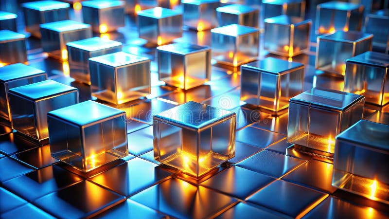Illuminated Glass Cubes on a Reflective Surface Abstract Technology ...