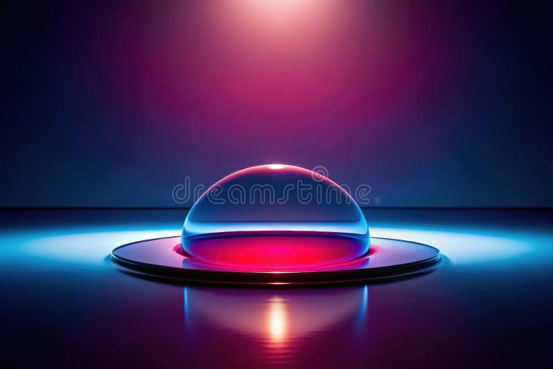 Illuminated Glass Dome on Reflective Surface with Vivid Neon Lighting ...