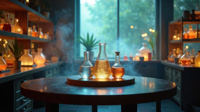 Illuminated Glass Flasks on a Circular Table in a Mysterious Laboratory ...