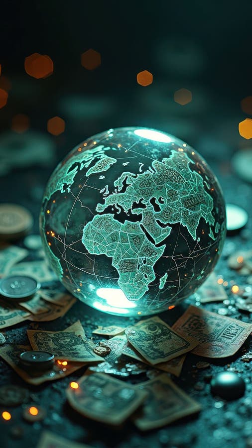 Illuminated Glass Globe on Currency Notes and Coins with Glowing Lights ...