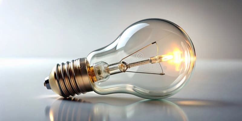 Illuminated Glass Light Bulb with Gold Base on Reflective Surface ...