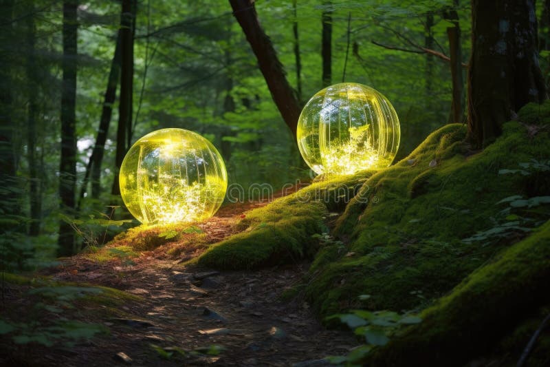 Illuminated Glass Orbs in a Serene Forest Stock Illustration ...