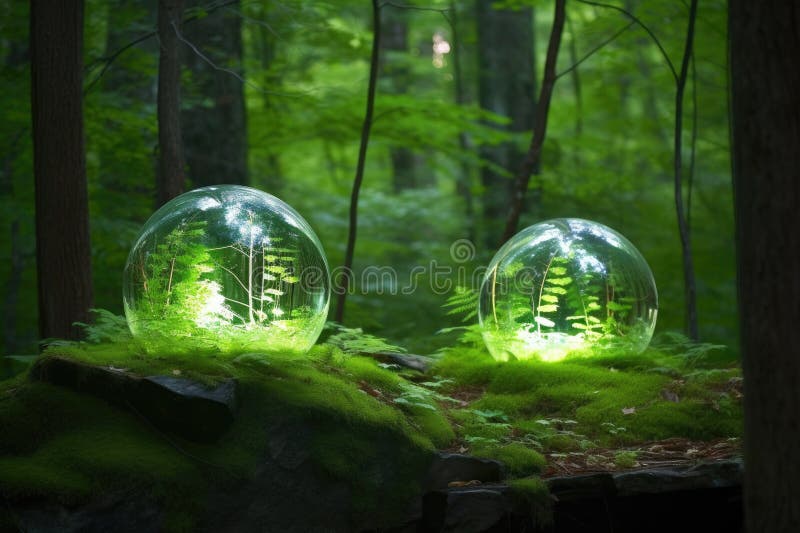 Illuminated Glass Orbs in a Serene Forest Stock Photo - Image of ...