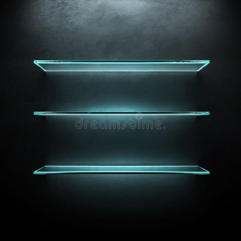 Illuminated Glass Shelves on Black Background Stock Illustration ...