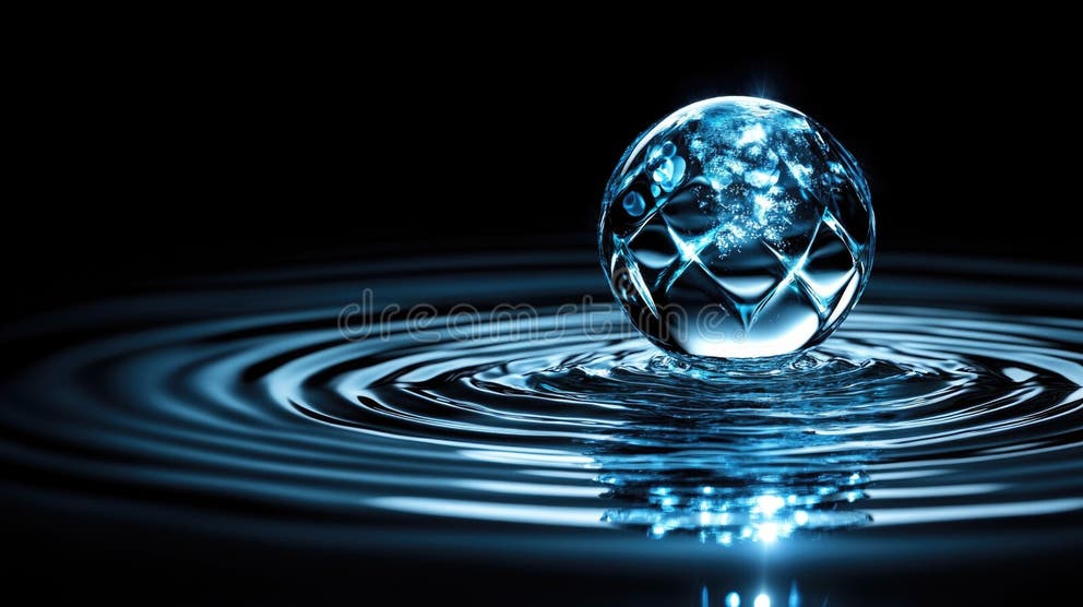 Illuminated Glass Sphere on Water with Ripple Effect at Night Stock ...
