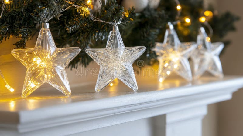 Illuminated Glass Star Ornaments on a White Mantel Stock Illustration ...