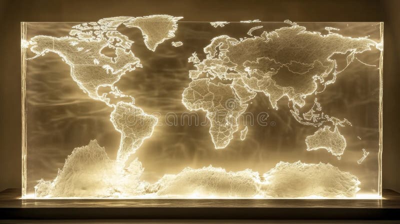 Illuminated Glass World Map Display with Detailed Geographic Features ...