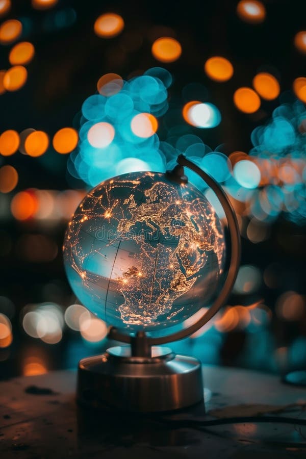 Illuminated Globe Against a Backdrop of Bokeh Lights, Representing ...