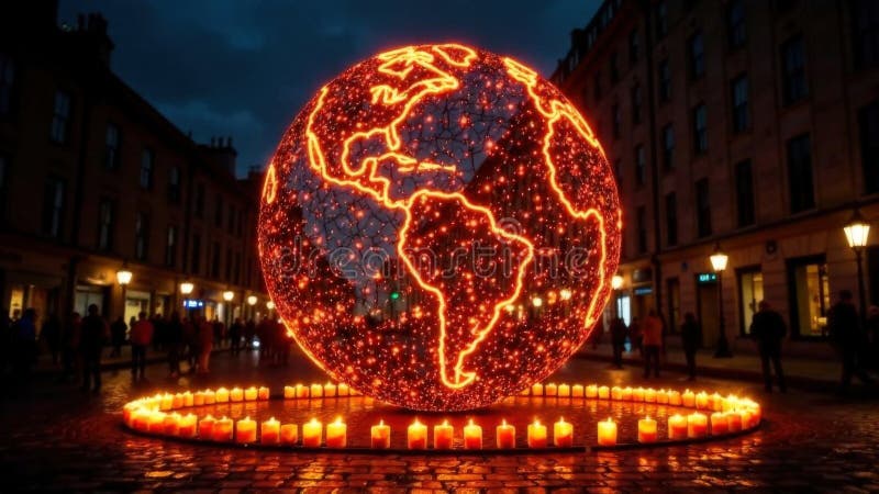 Illuminated Globe Art Installation Surrounded by Candles at Night in ... Illuminated Globe Art Installation Surrounded by Candles at Night in ...