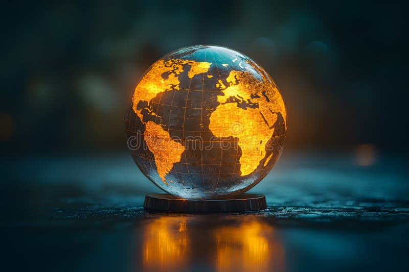 Illuminated Globe on Dark Surface with Glowing Map of the World Stock ...