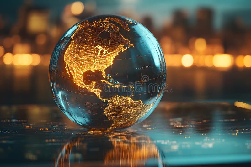 Illuminated Globe on Dark Surface with Glowing Map of the World Stock ...