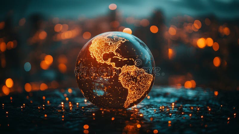 Illuminated Globe with Glowing Continents and Bokeh Lights at Night ...
