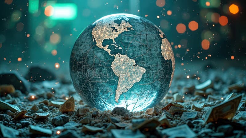 Illuminated Globe on Ground with Sparkling Lights and Bokeh Effect at ...