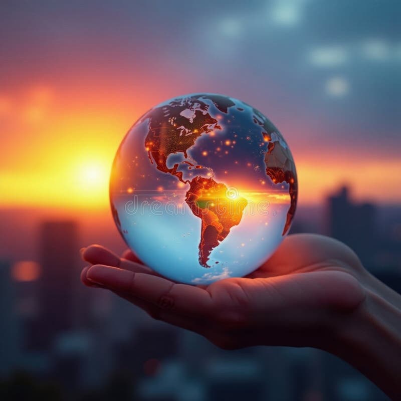 Illuminated Globe Held Against Sunset City Backdrop, Progress, Sphere ...