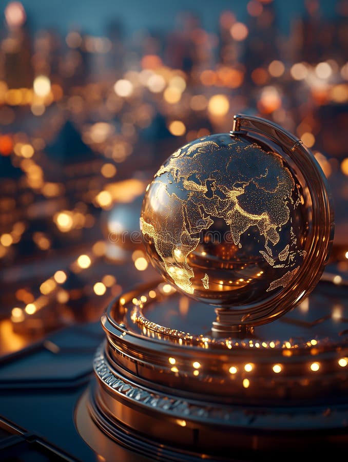 Illuminated Globe on Ornate Stand, Futuristic City Backdrop. Global ...