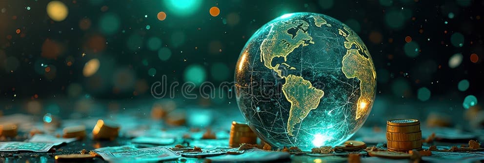 Illuminated Globe Surrounded by Coins and Banknotes in a Sparkling ...