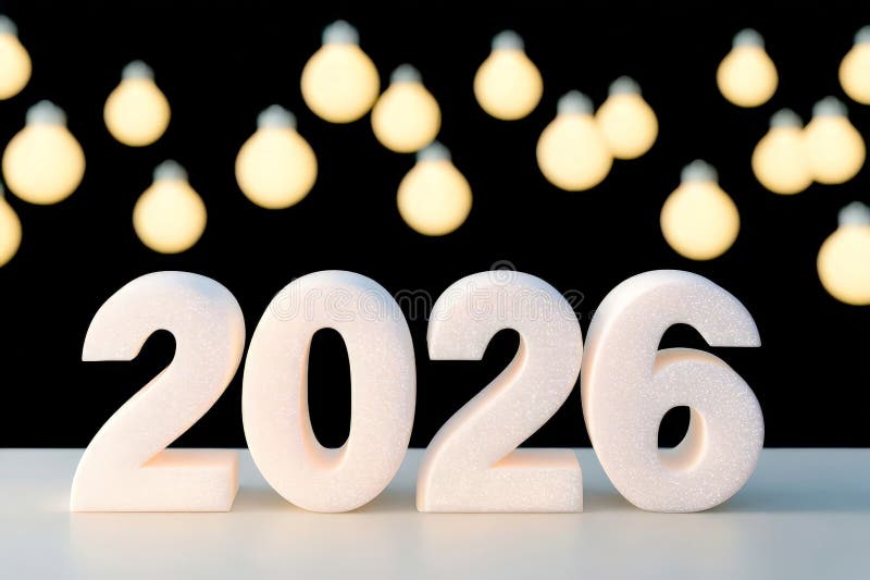 Illuminated 2026: Glowing White Numerals with Defocused Light Bulbs in ...